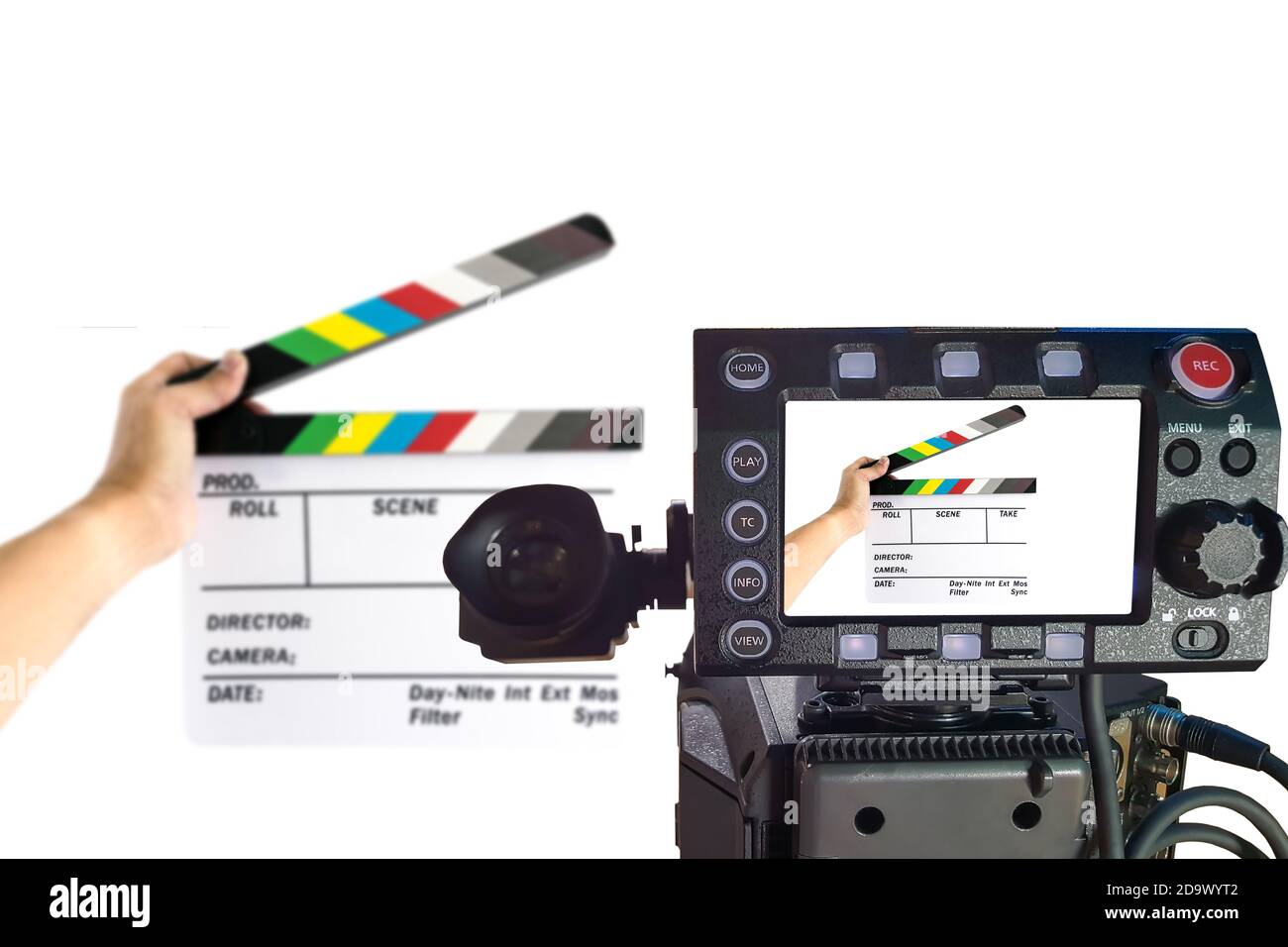 LCD monitor on the camera focus at a hand holding camera slate for the ...