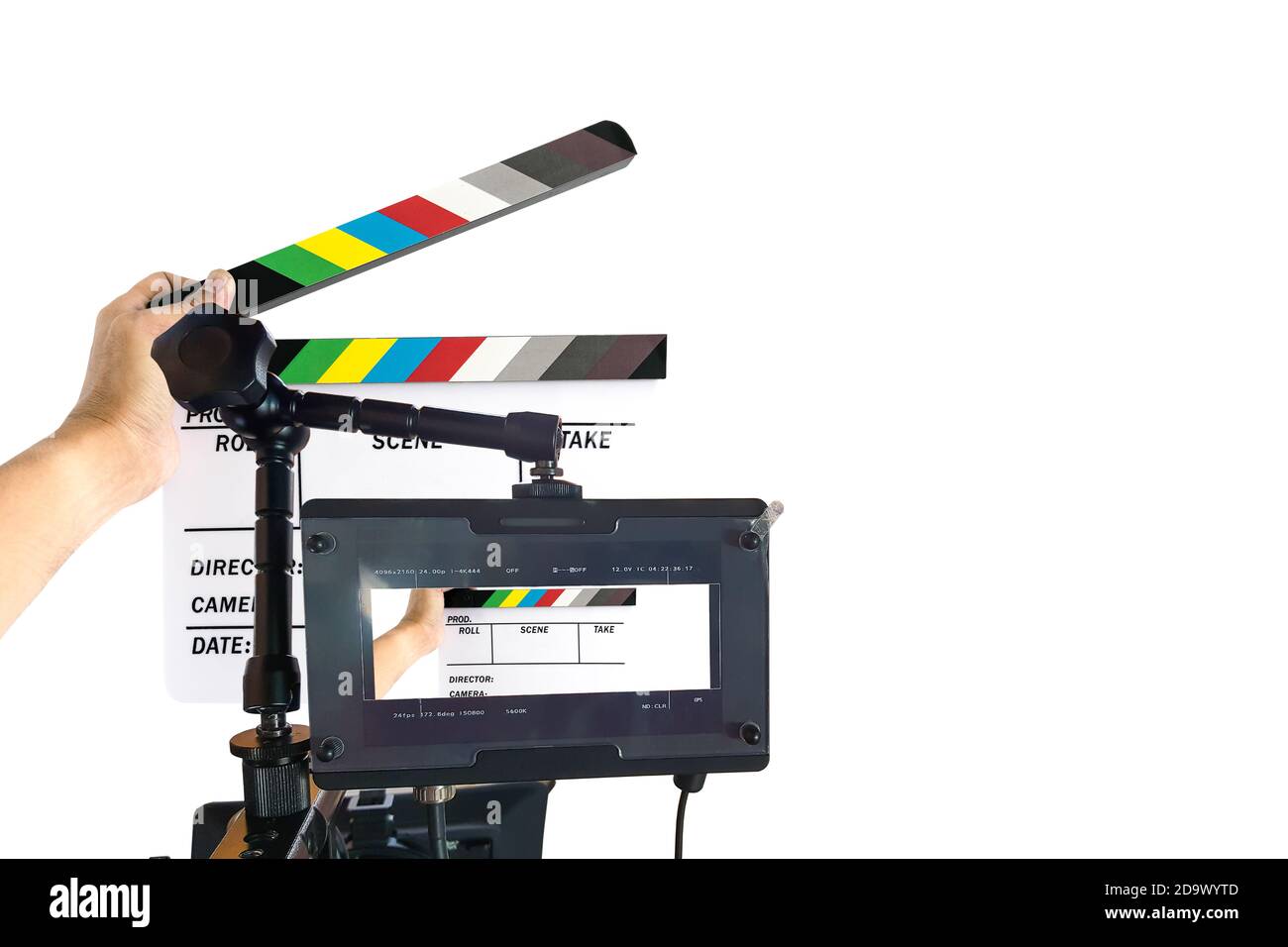 LCD monitor on the camera focus at a hand holding camera slate for the ...