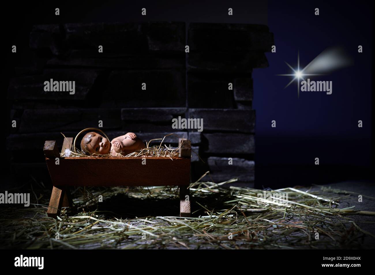 Birth of Jesus. Christmas nativity scene. Manager and star Stock Photo ...