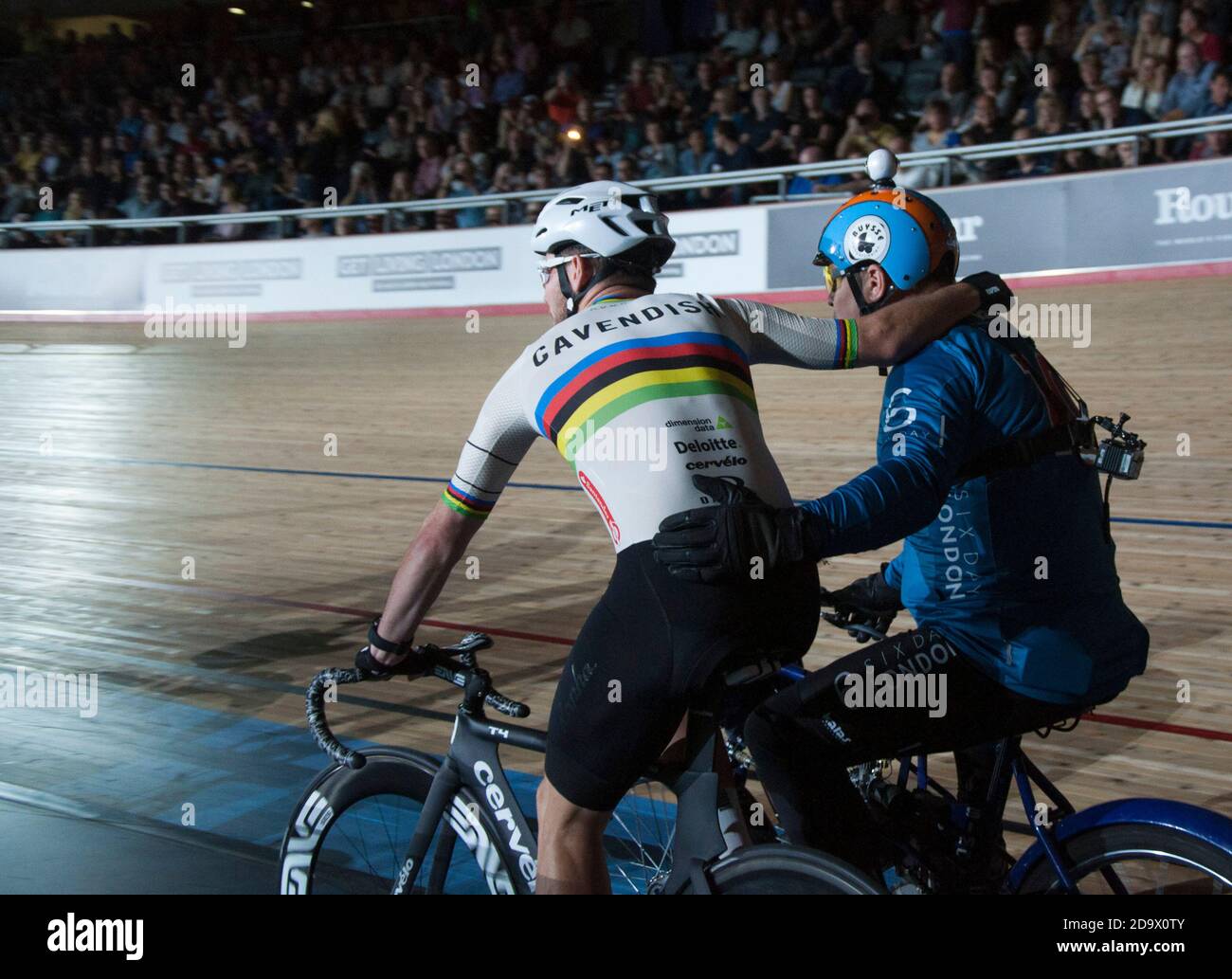 Mark Cavendish congratulates his Derny rider. Riders were taking part ...
