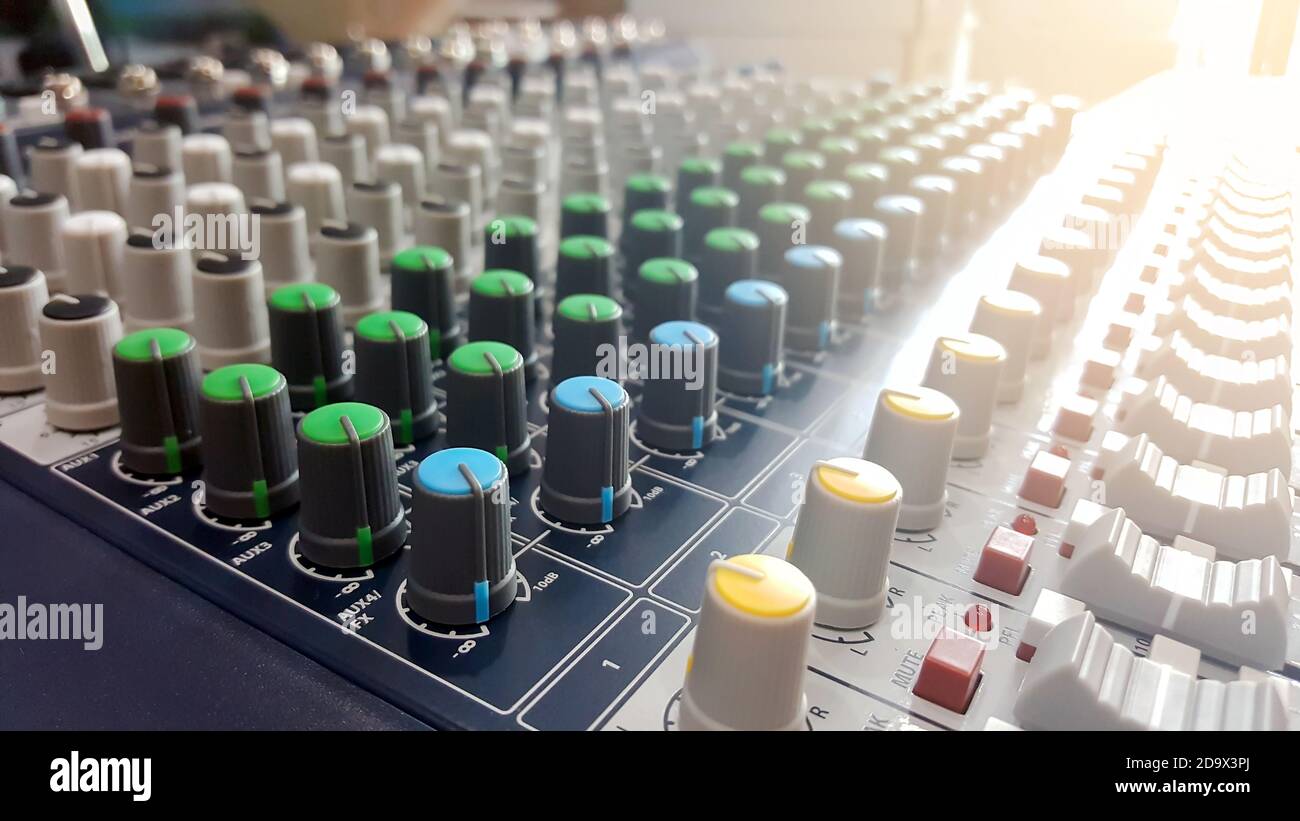 Closeup of controls for the audio mixer Stock Photo - Alamy