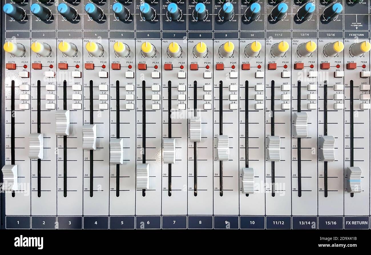 Closeup of controls for the audio mixer Stock Photo - Alamy