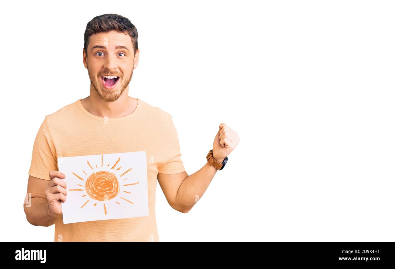 Handsome young man with bear holding sun draw screaming proud ...