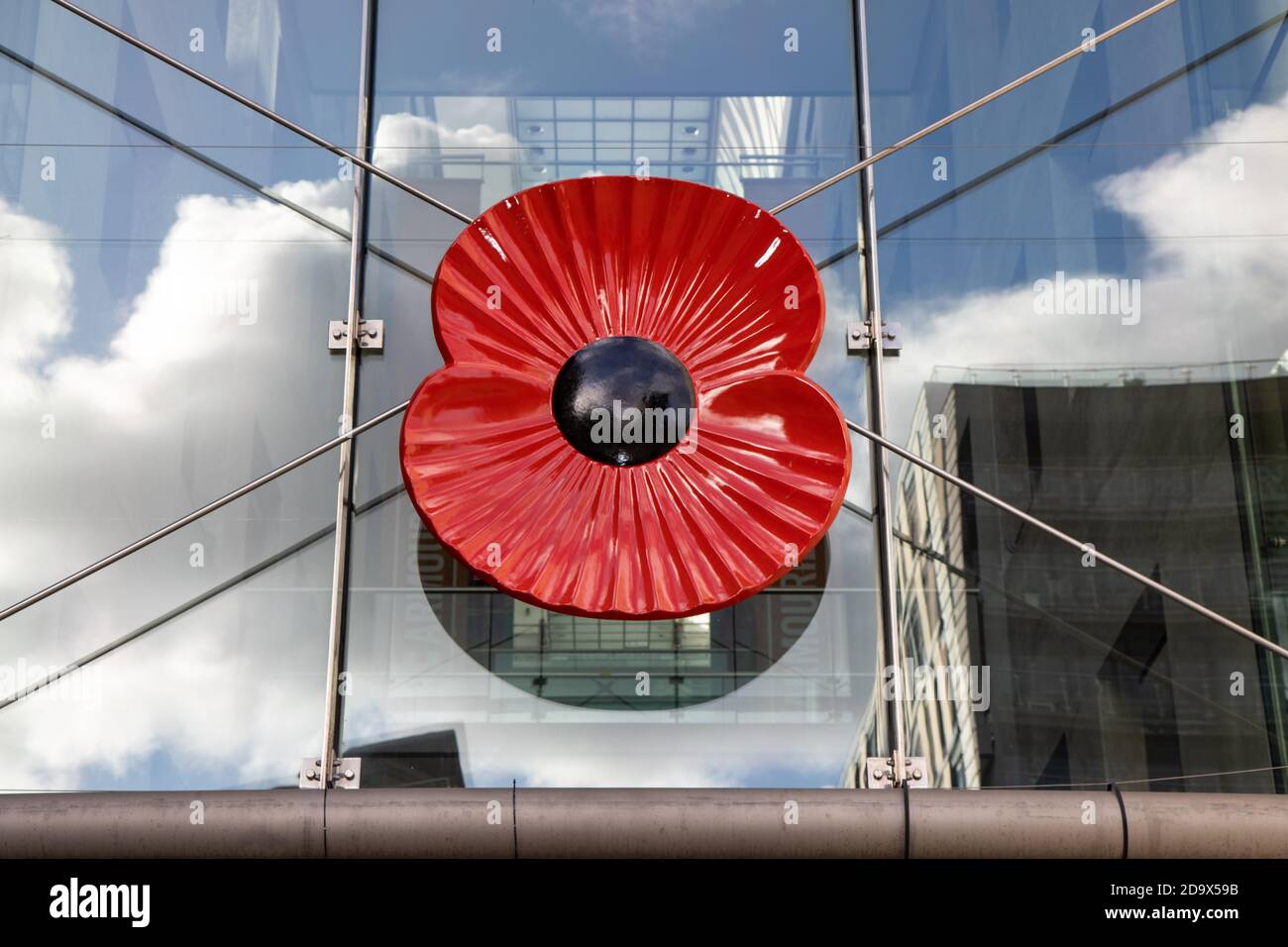 A large memorial poppy placed on the Leeds Royal Armouries museum in ...