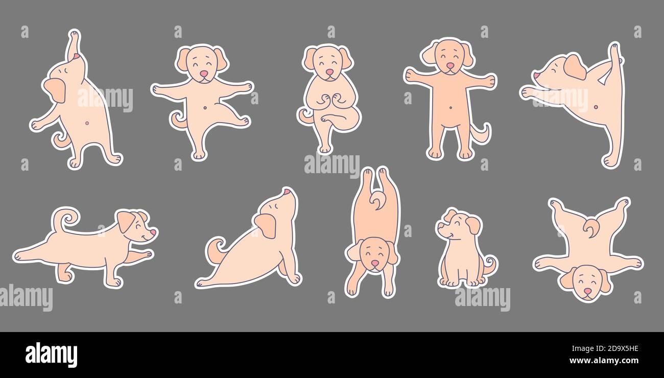 Yoga pets. Set of stickers Dog yoga. Lovely puppies stand up asana ...