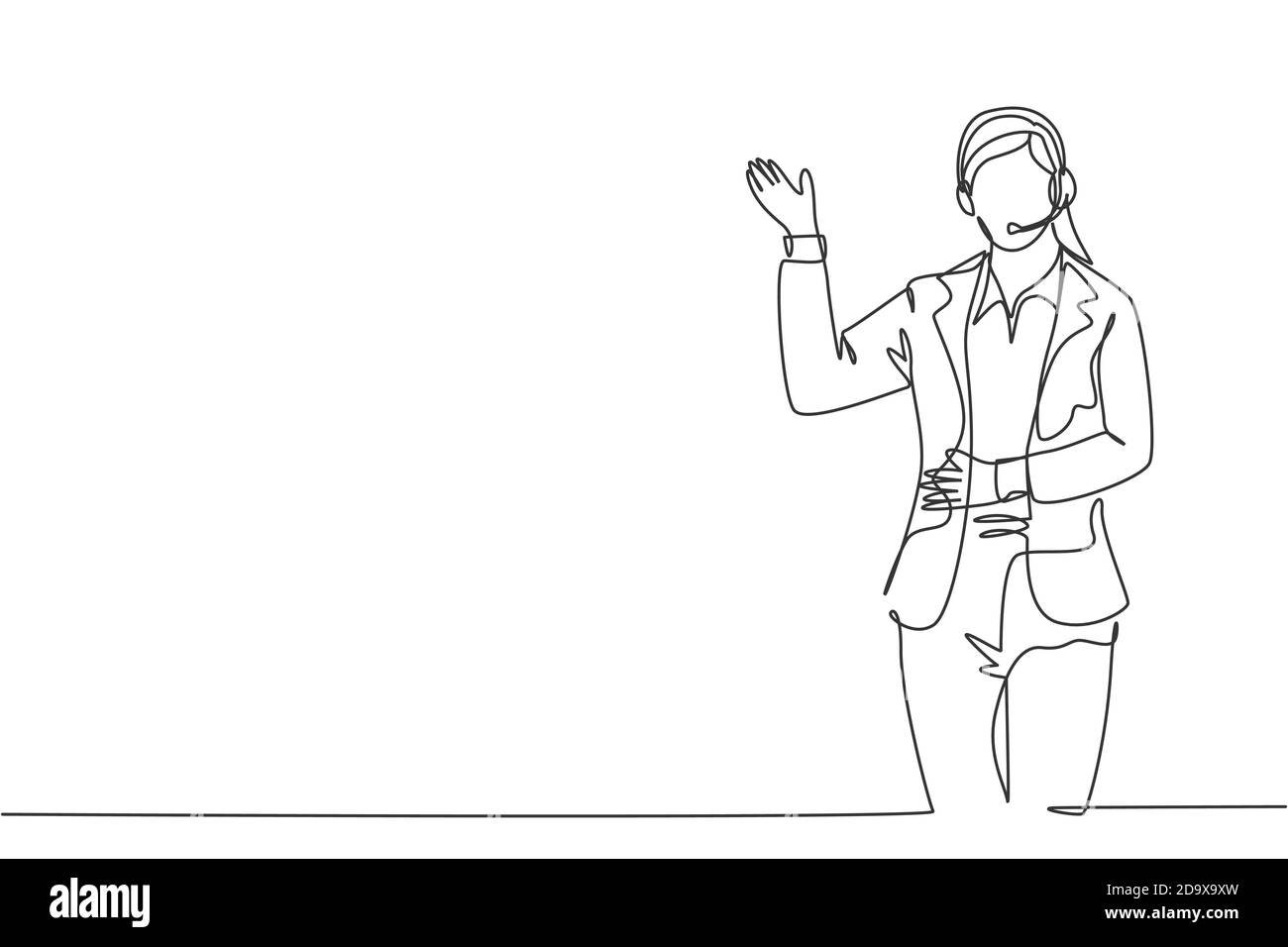 Single continuous line drawing young happy female consultant giving ...