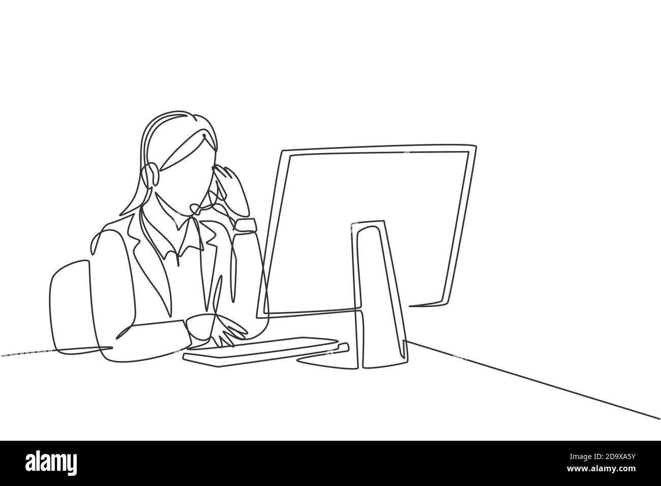 Single continuous line drawing of young happy female call center worker ...