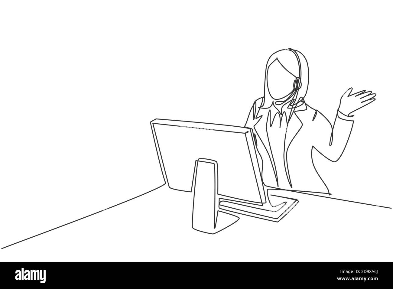 Single continuous line drawing of young confused call center worker ...