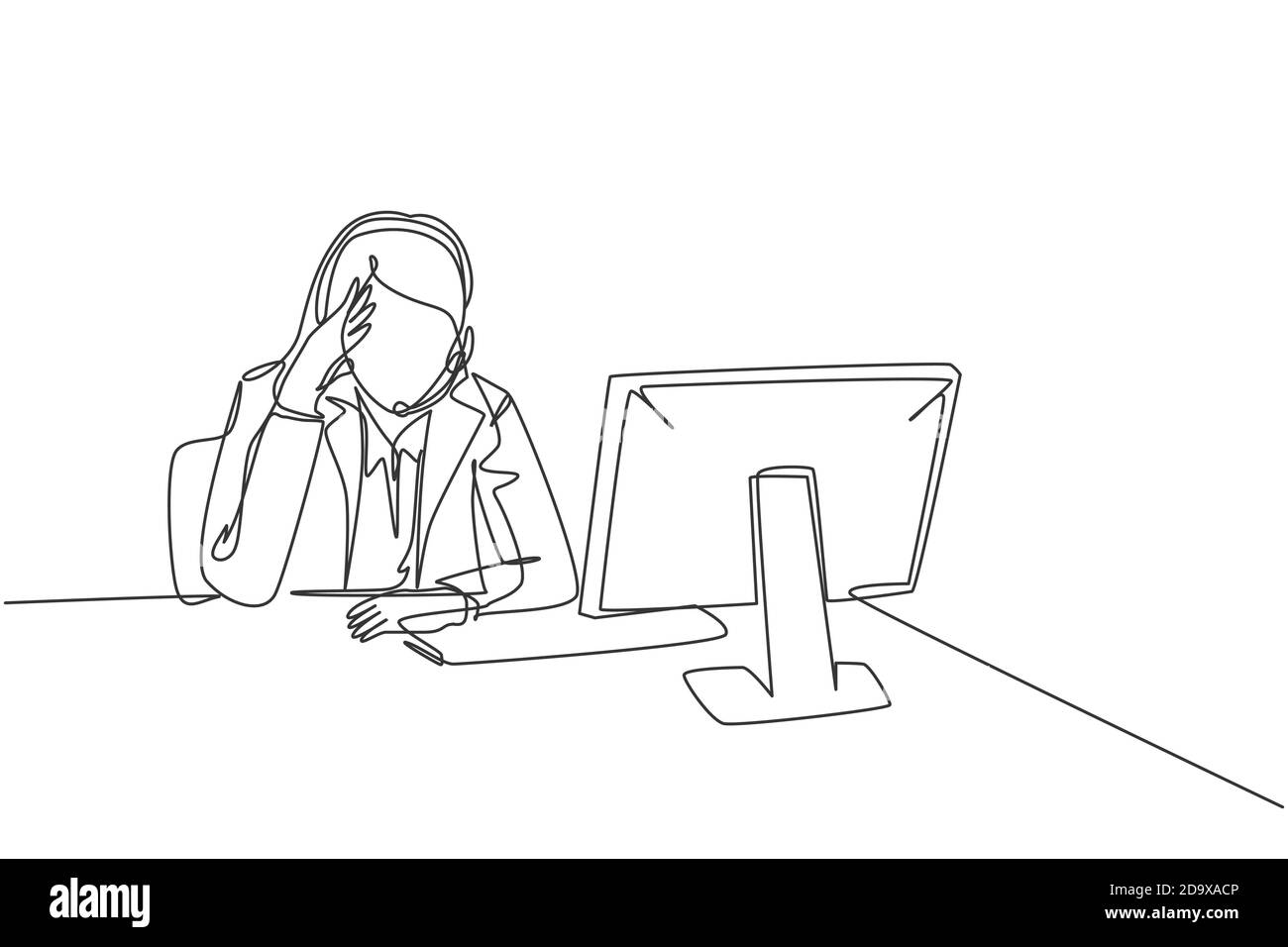 Single continuous line drawing of young confused female customer ...