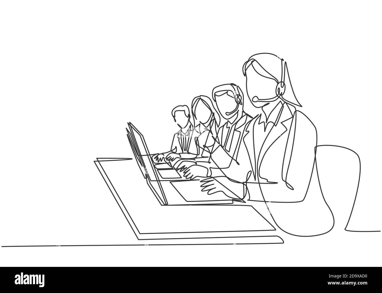 One continuous line drawing group of male and female call center team ...