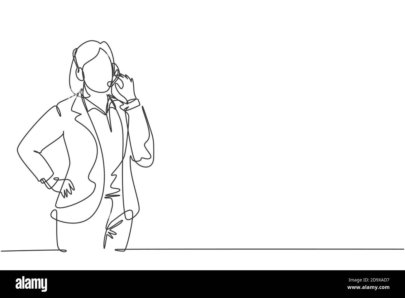 Single continuous line drawing of young happy female customer service ...