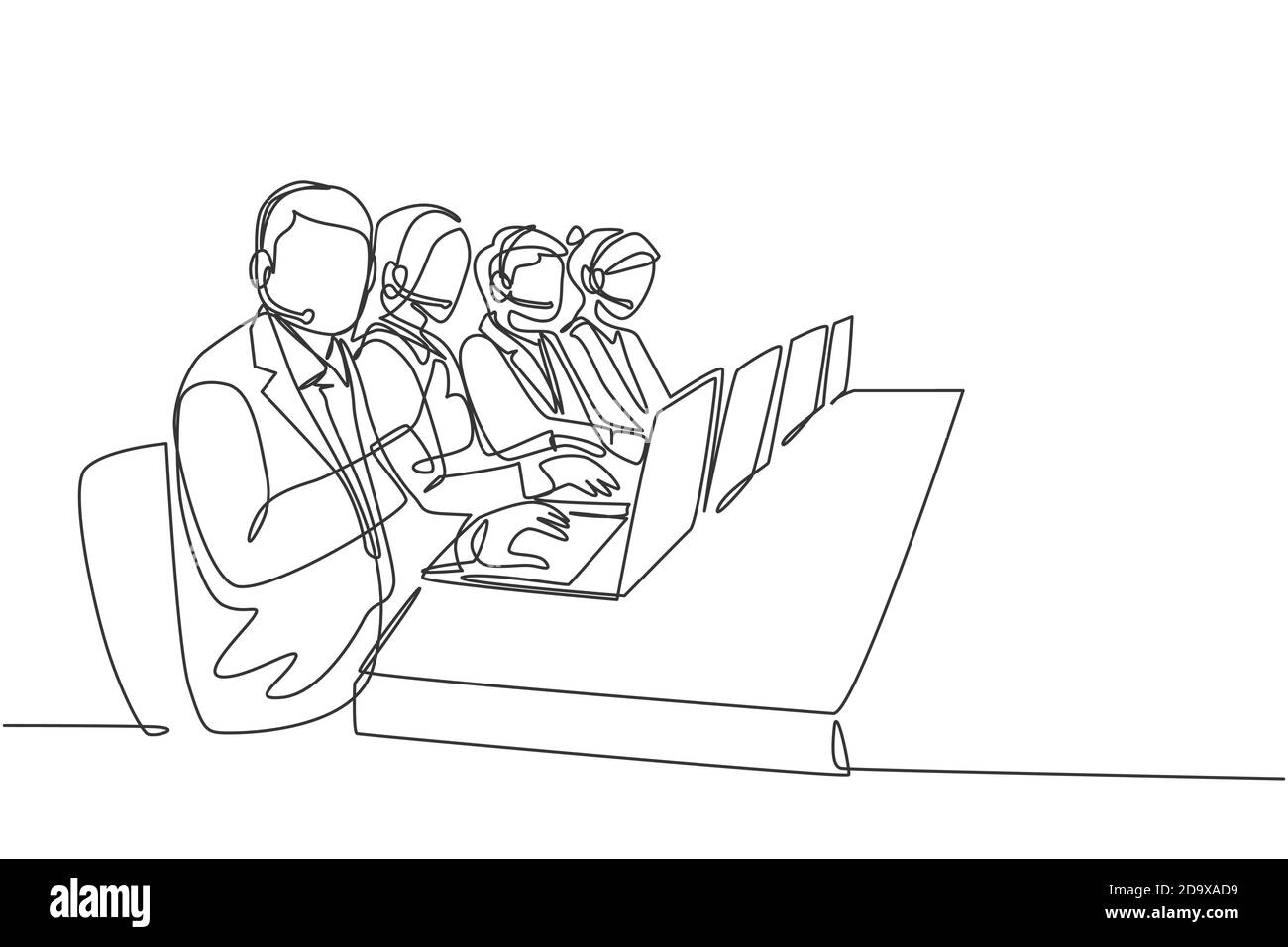 One continuous line drawing group male and female telemarketing team ...