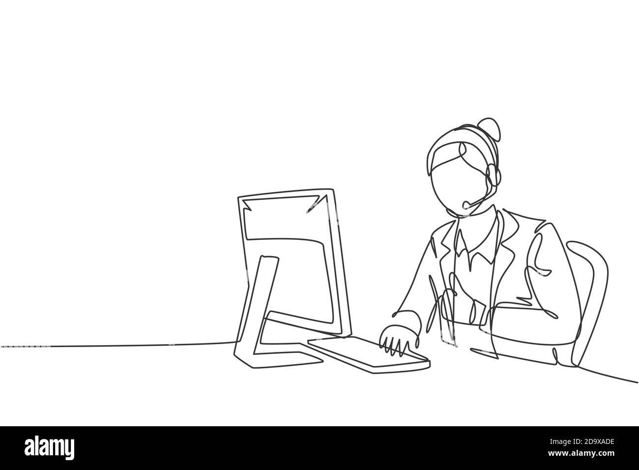 Single continuous line drawing of young happy female call center worker ...