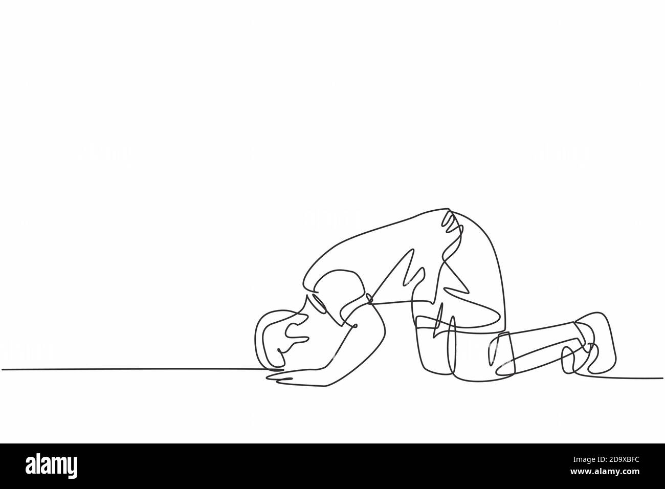 One single line drawing of sporty football player celebrates his goal ...