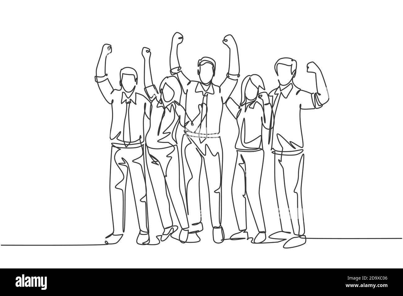 One single line drawing group of young happy male and female workers ...