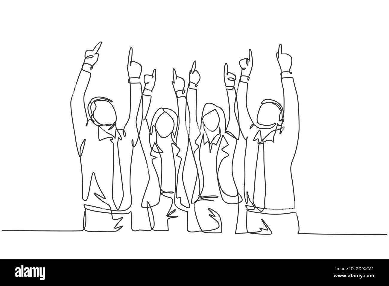 One single line drawing group of young happy male and female workers ...