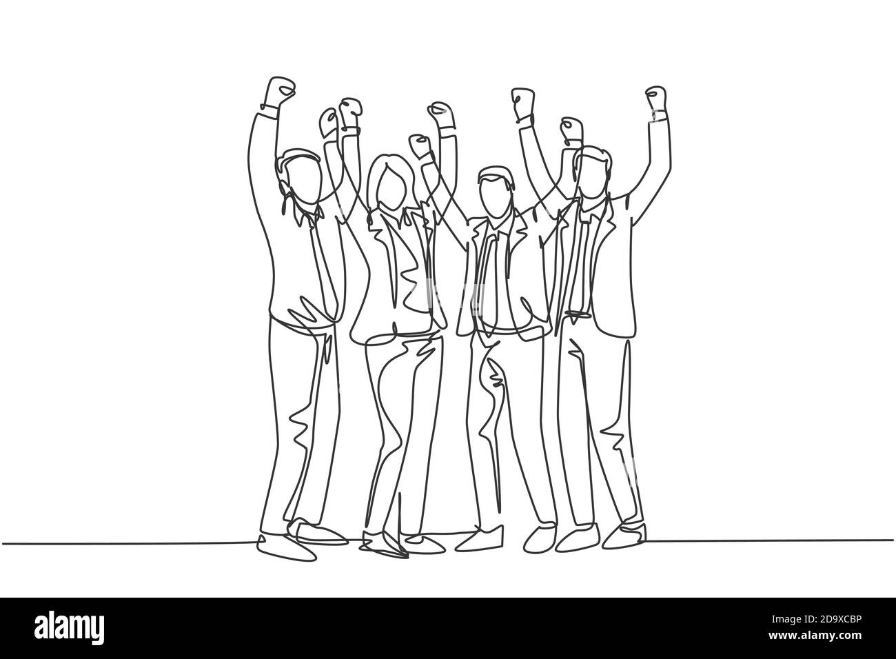 One single line drawing of young happy male and female worker raise ...