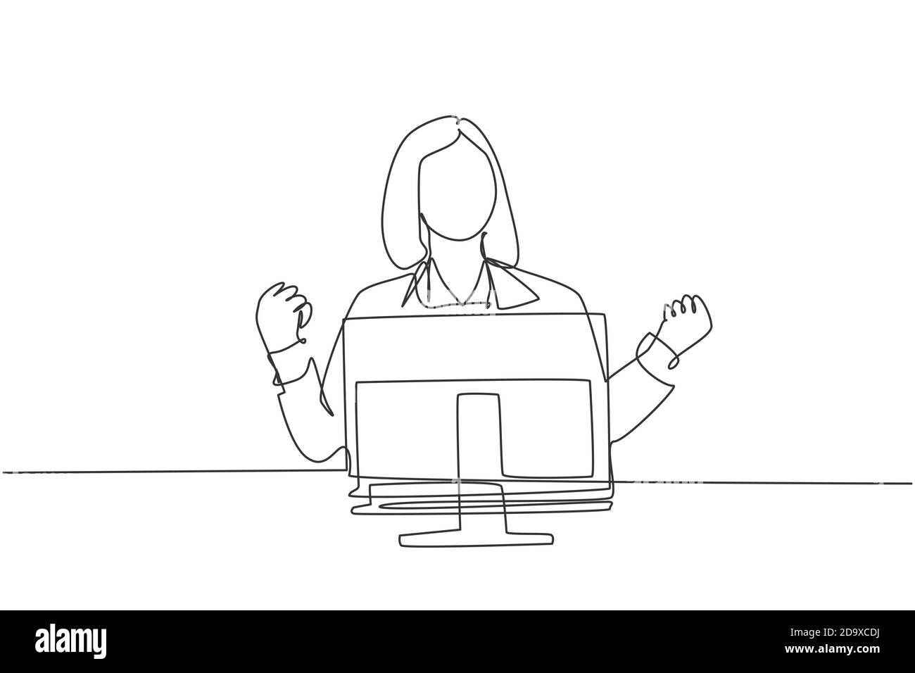 Single continuous line drawing of young happy female worker celebrating ...