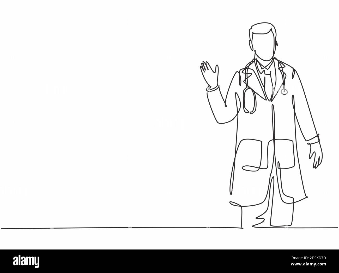 Single continuous line drawing of young happy male doctor giving warm ...