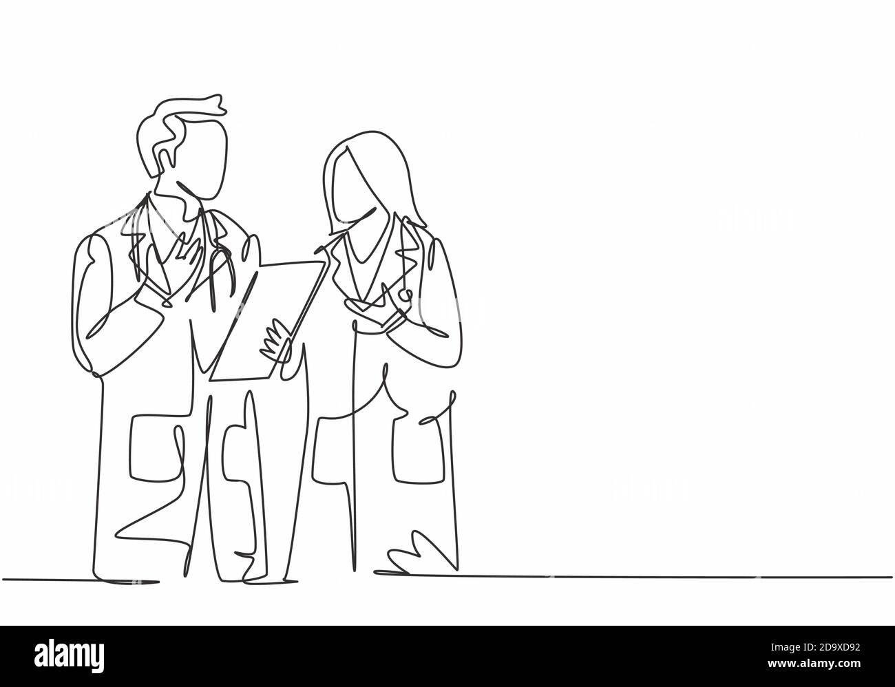 Single Continuous Line Drawing Of Young Male And Female Doctors Talking