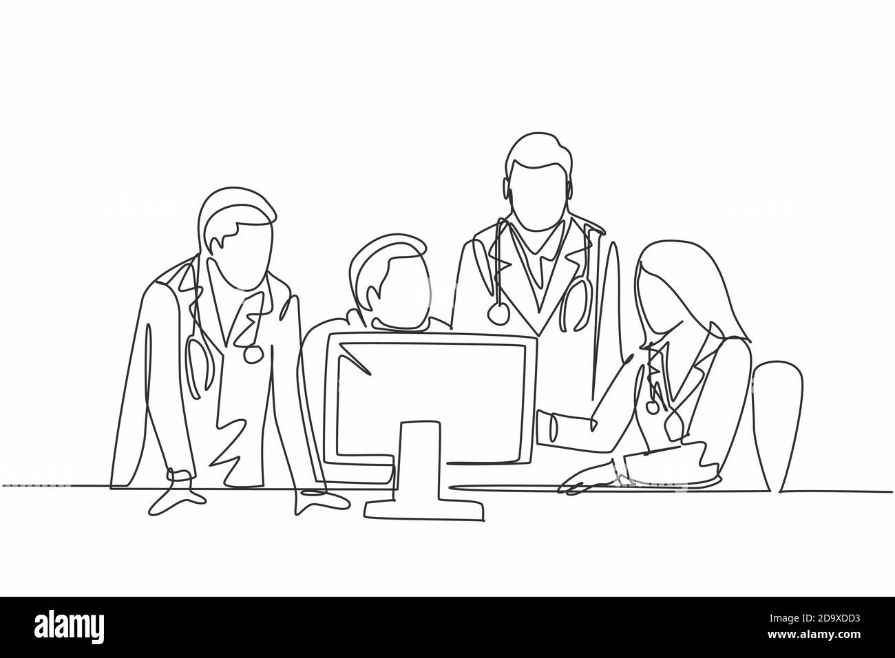 One continuous line drawing group of young doctor discuss proper ...