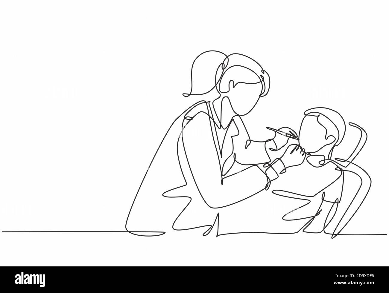 Single continuous line drawing of young happy female dentist examining ...