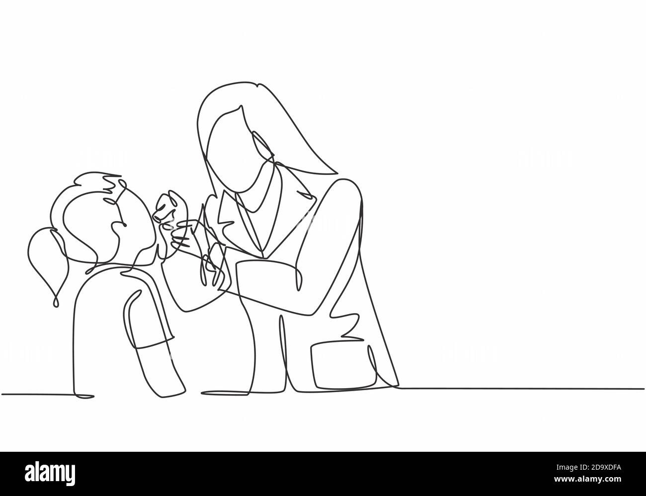 One single line drawing of young happy female dentist examining and do ...