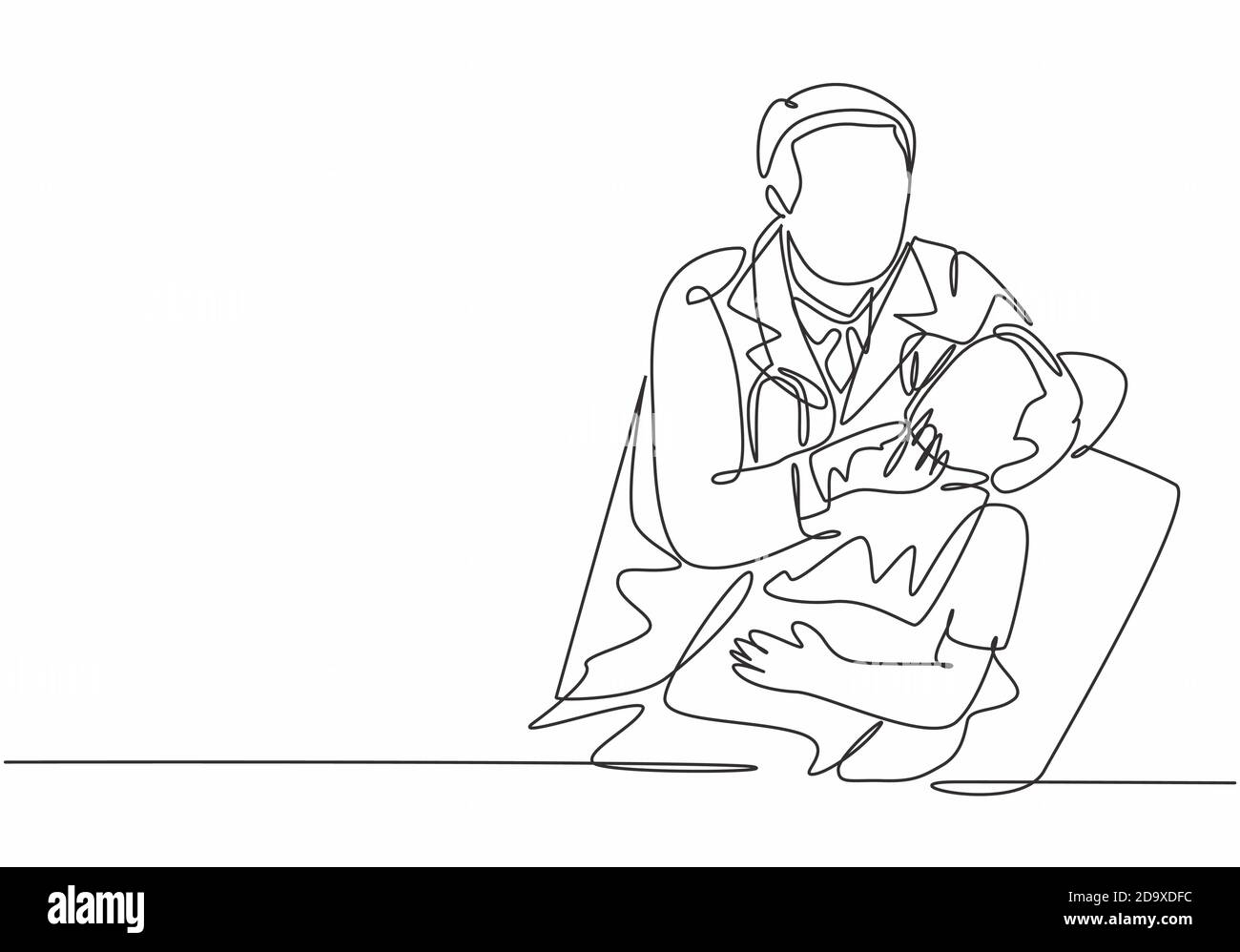 One single line drawing of young male dentist examine and pull a young ...