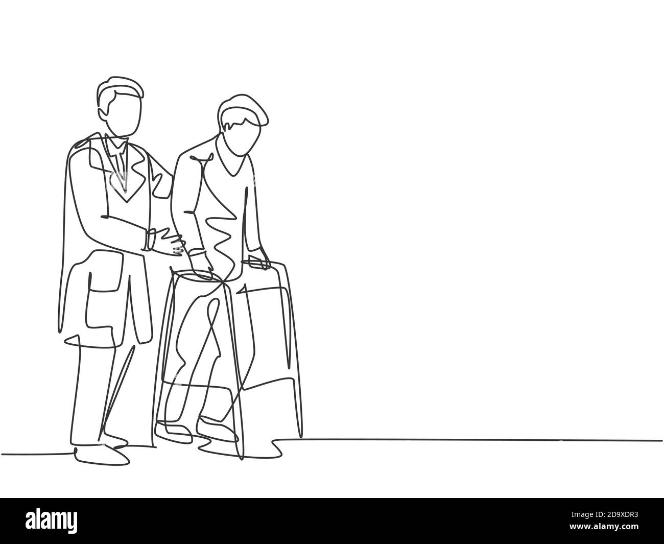 Single continuous single line drawing young male doctor give help to ...