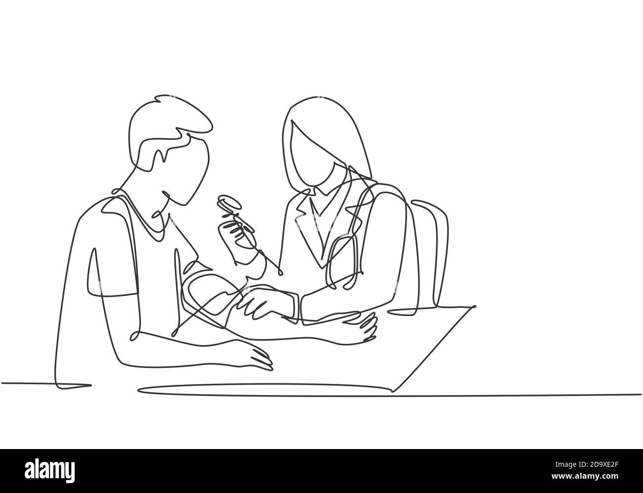 One continuous single line drawing of young female doctor check the ...