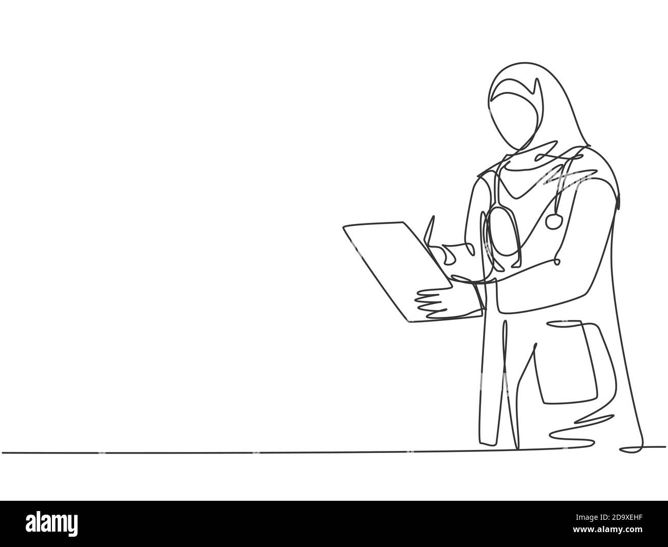 One single line drawing of young Arabian muslimah doctor wearing hijab ...