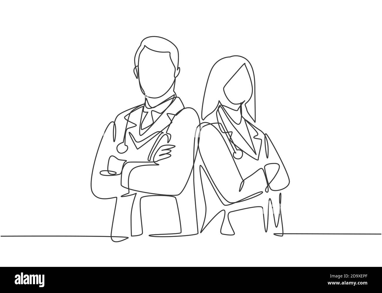 One Continuous Single Line Drawing Young Couple Male And Female Doctors