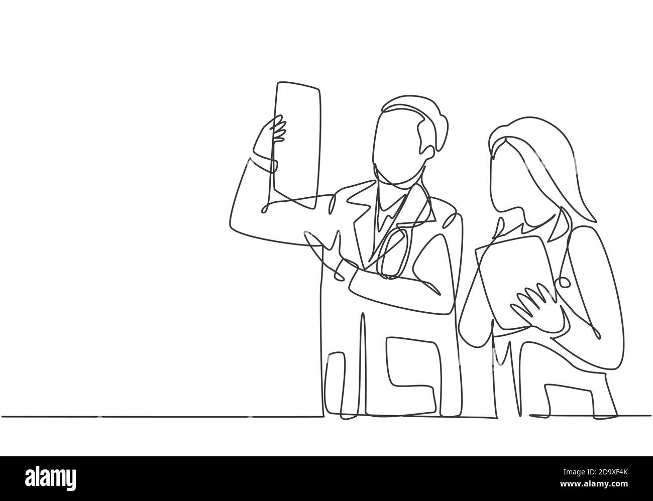 One Continuous Single Line Drawing Of Young Male And Female Doctor