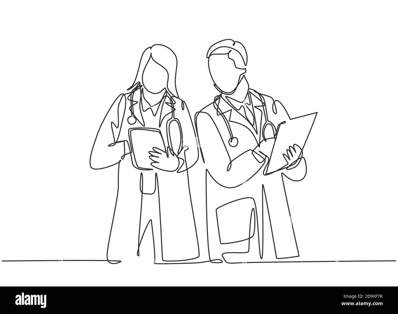 Single continuous line drawing young couple male female doctors ...