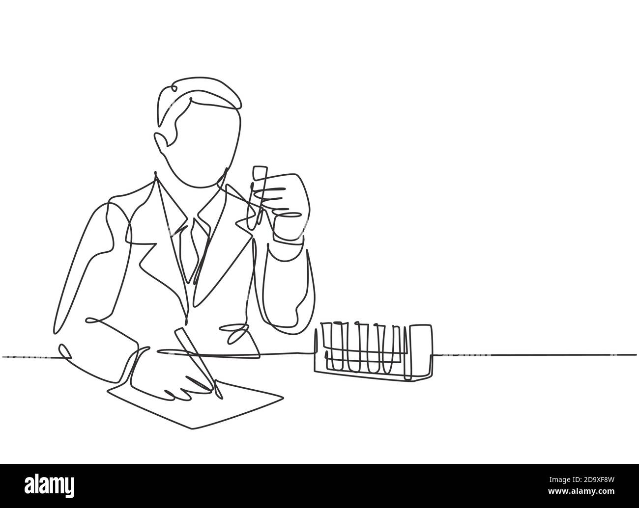 Single continuous line drawing of young male laboratorian writing drug ...