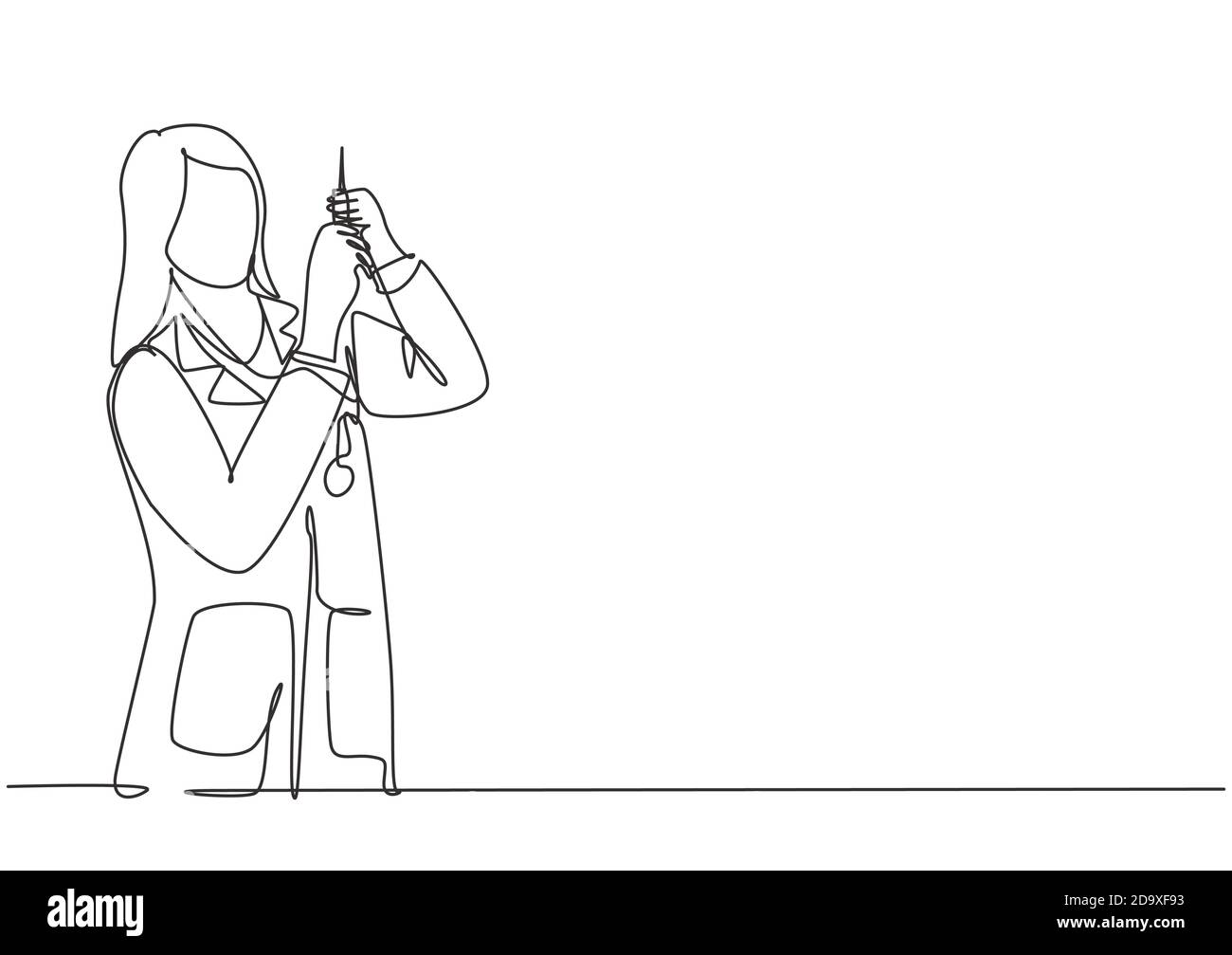 Single continuous line drawing young female doctor testing syringe ...