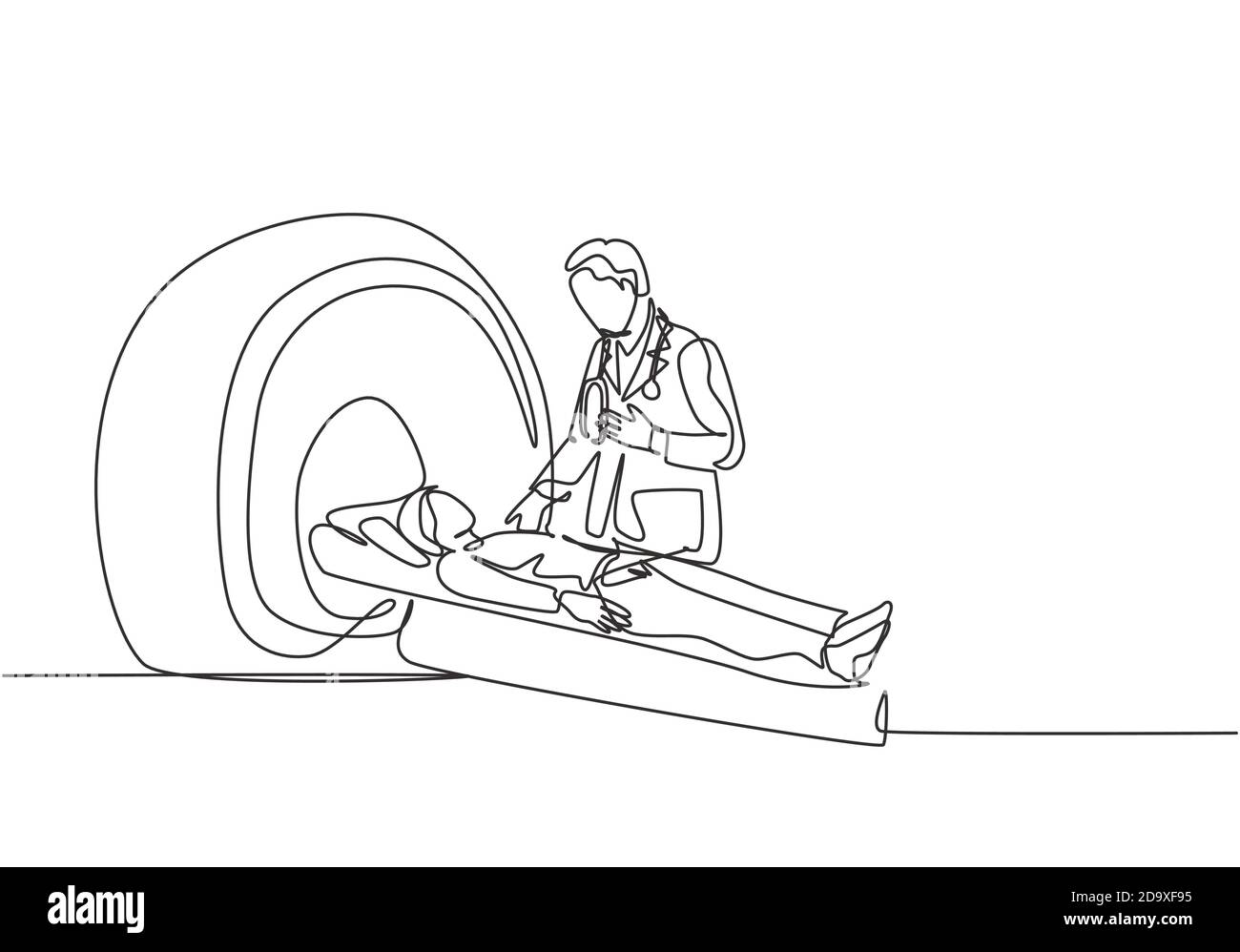 One continuous line drawing young male doctor do MRI procedure to CT ...