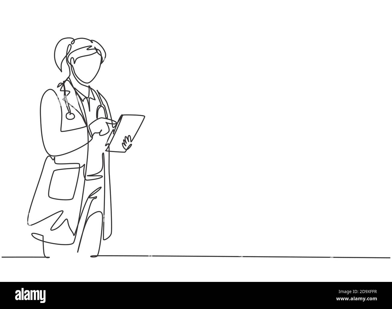 Single continuous line drawing of young female doctor standing and ...