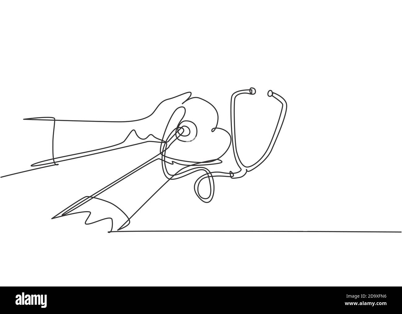 One single line drawing of young doctor holding stethoscope and heart ...