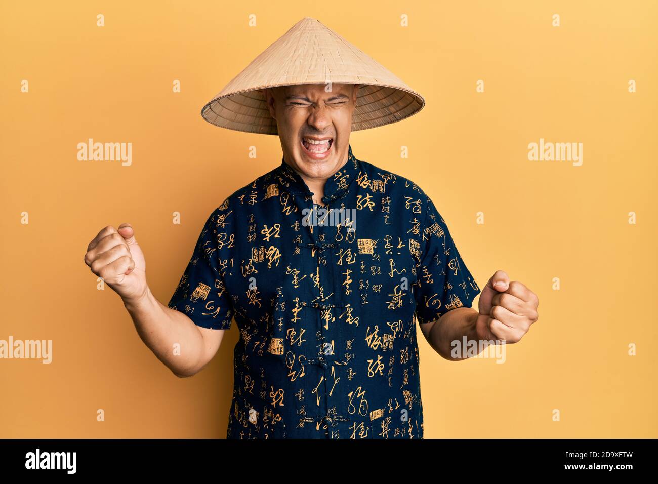 Middle age bald man wearing traditional asian straw hat celebrating ...