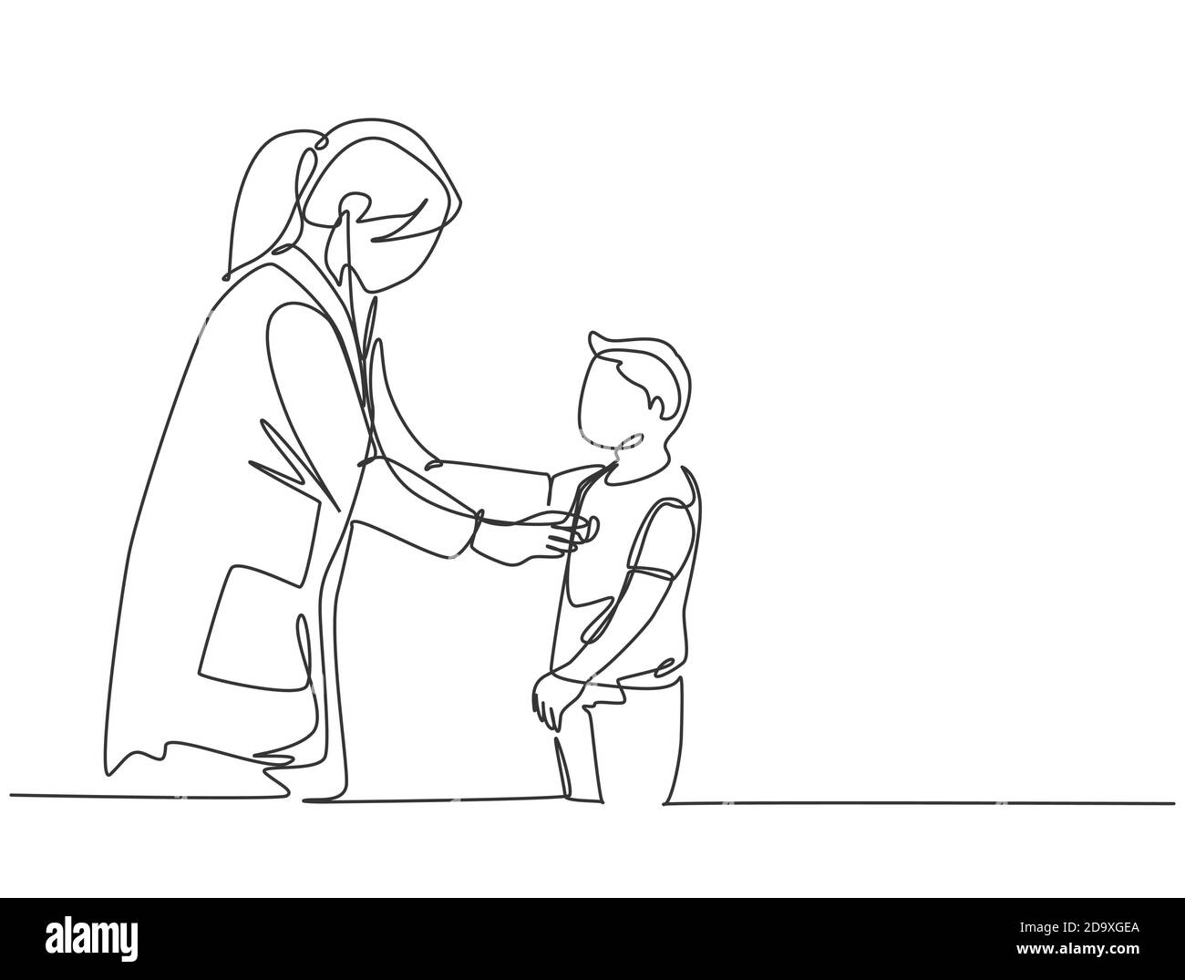 One single line drawing female pediatric doctor examining heart beat ...