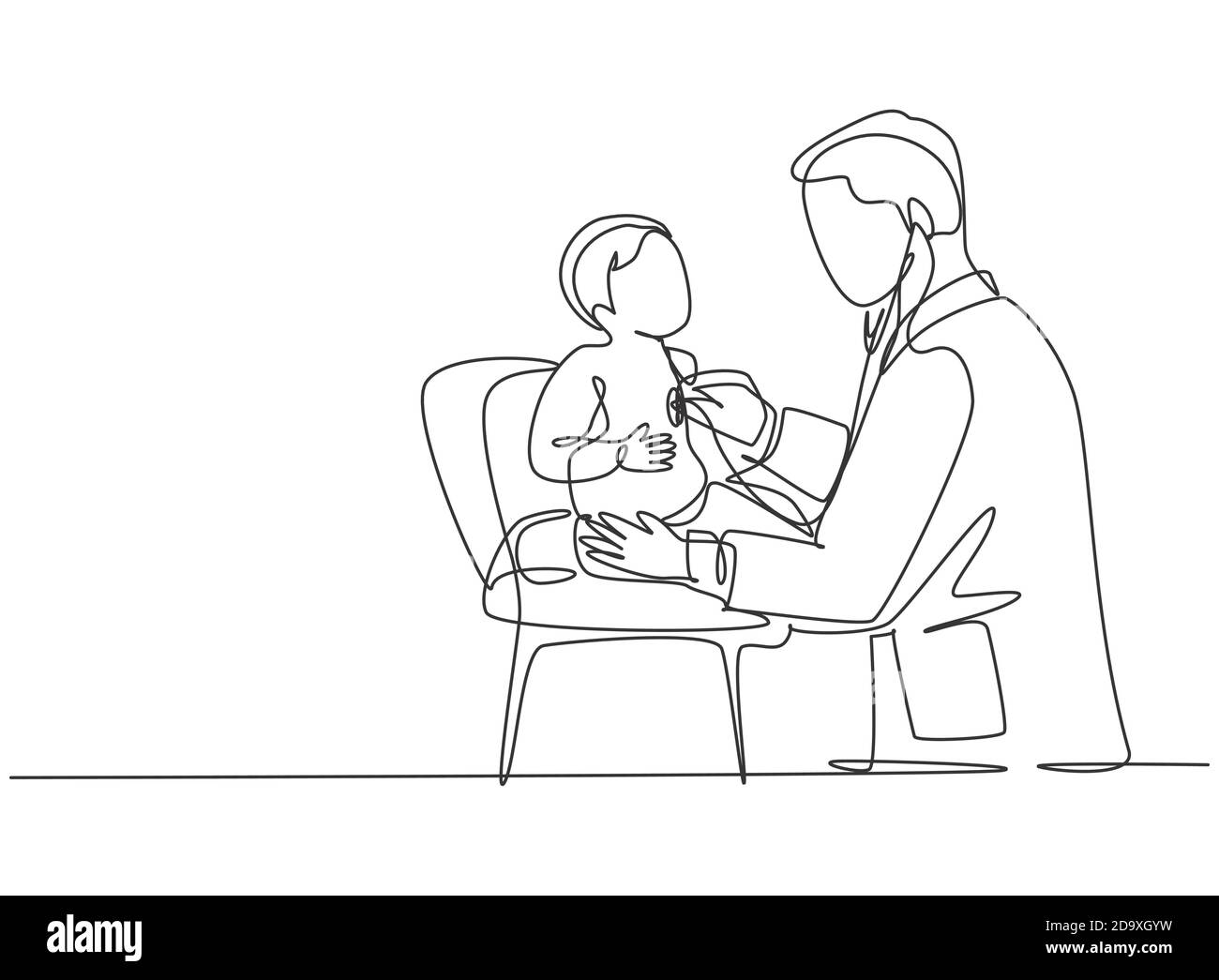 Single continuous line drawing young male pediatric doctor examining ...