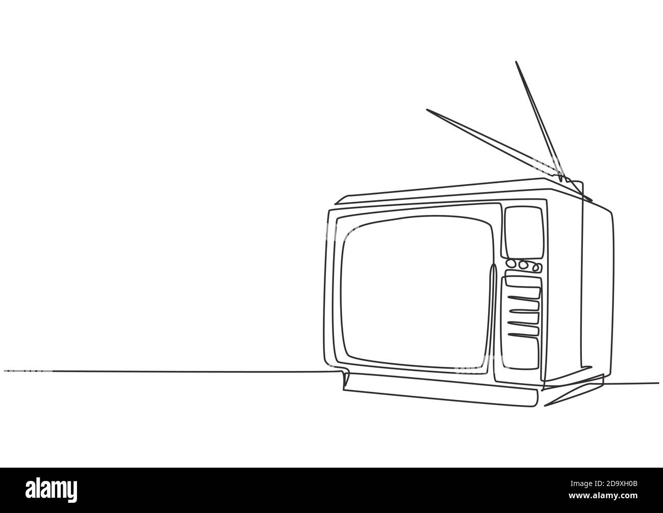One continuous line drawing retro old fashioned tv with wooden case and ...