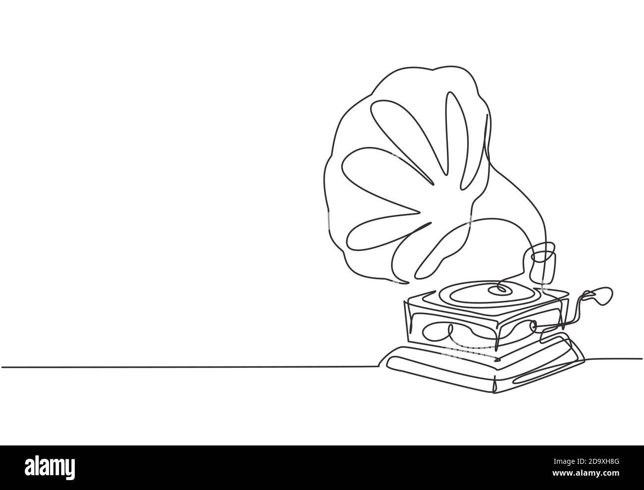 Single continuous line drawing of old retro analog vinyl gramophone ...