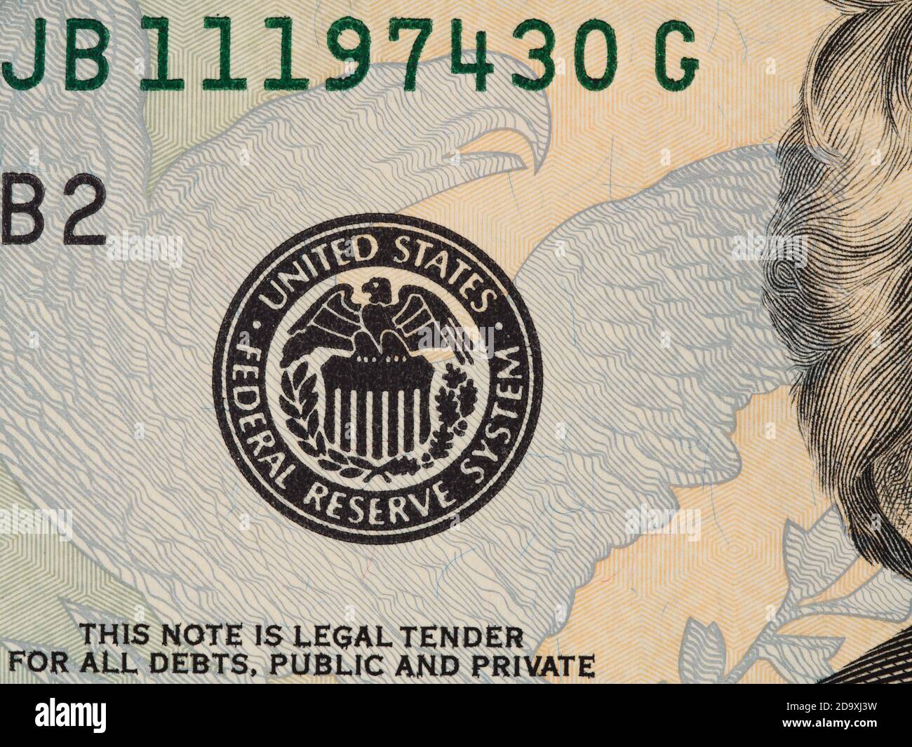 Seal of the Federal Reserve System on the us 20 dollar bill macro ...