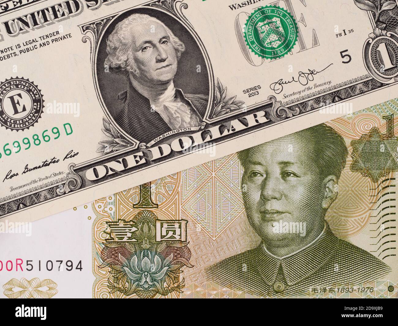US dollar and chinese yuan banknotes, currency exchange, money closeup ...