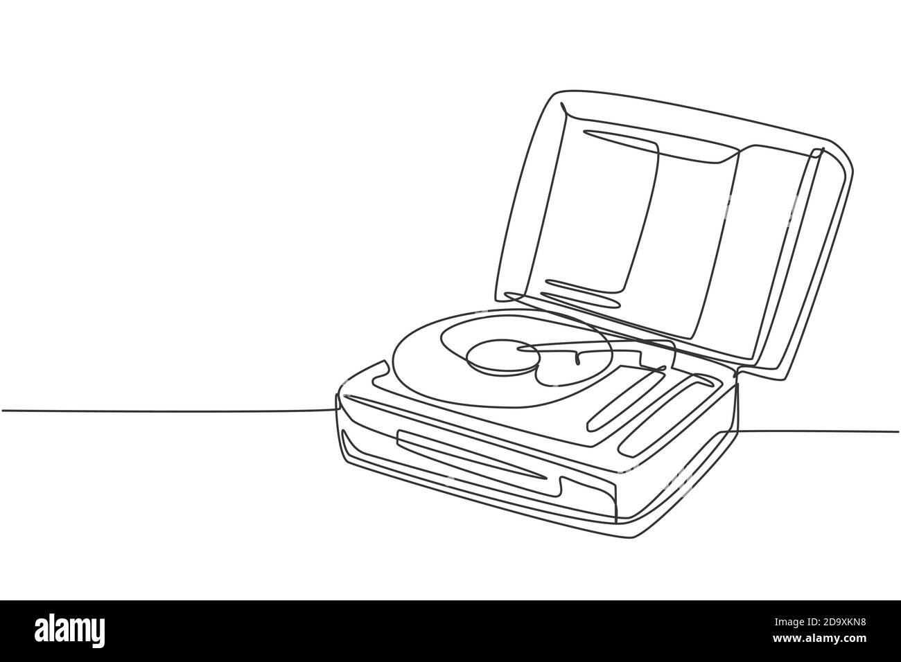 One single line drawing of retro old classic portable music turntable ...