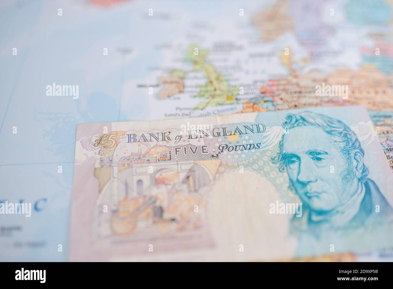 The United Kingdom on a European Map with a Five Pounds Banknote on Top ...