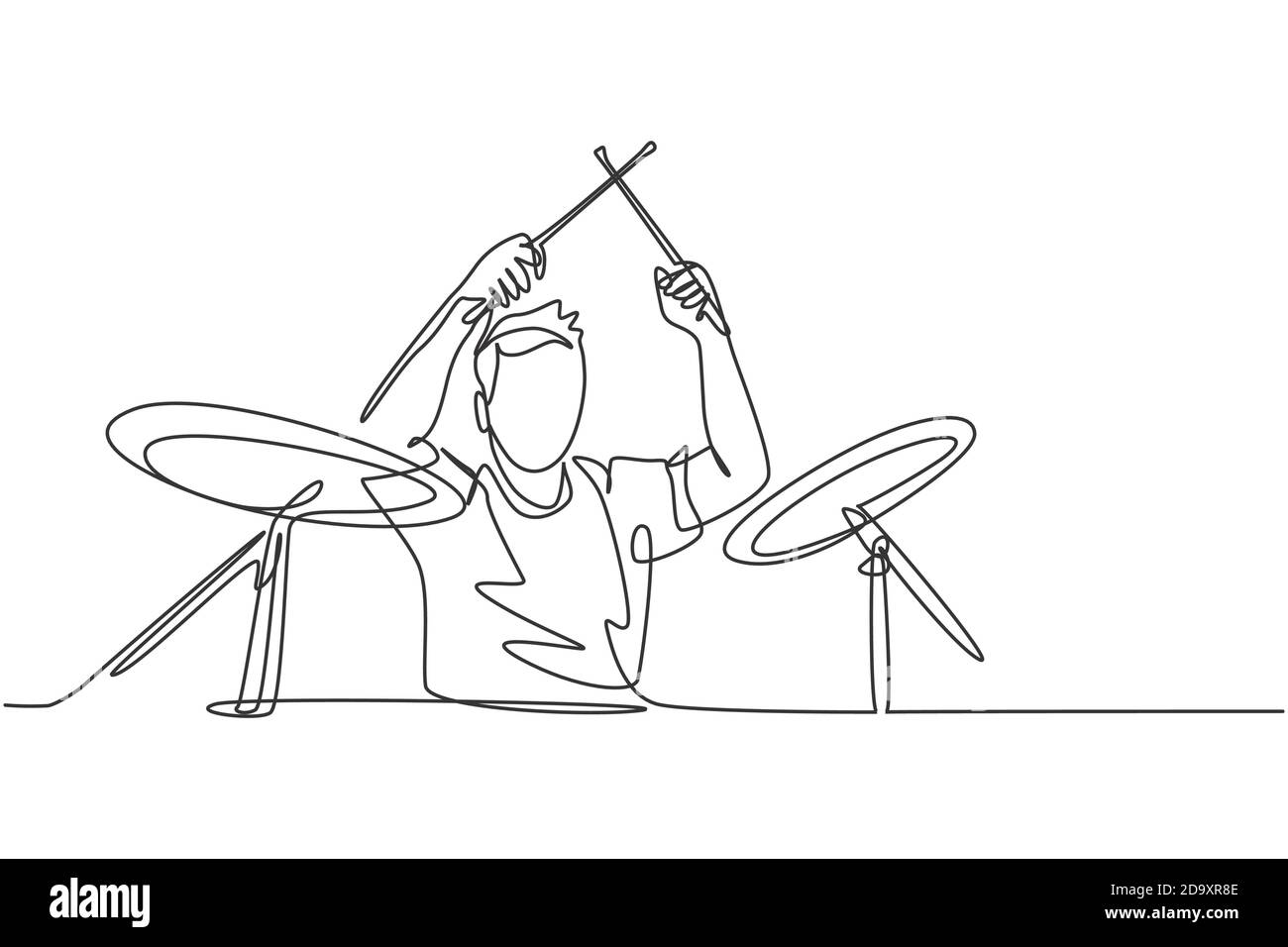 Single continuous line drawing of young happy male drummer performing ...