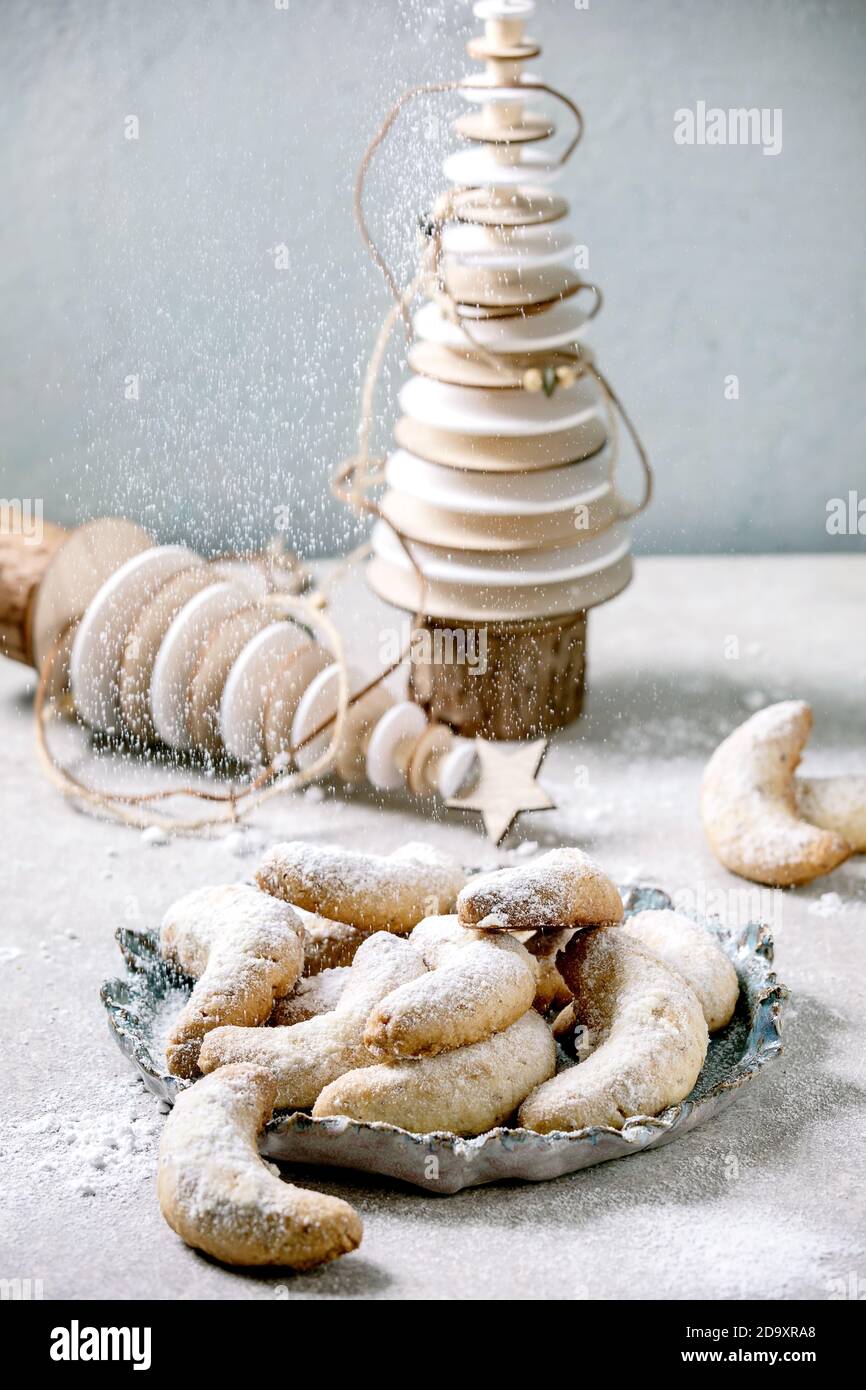 Christmas shortcrust cookies vanilla crescents with wooden decorations ...
